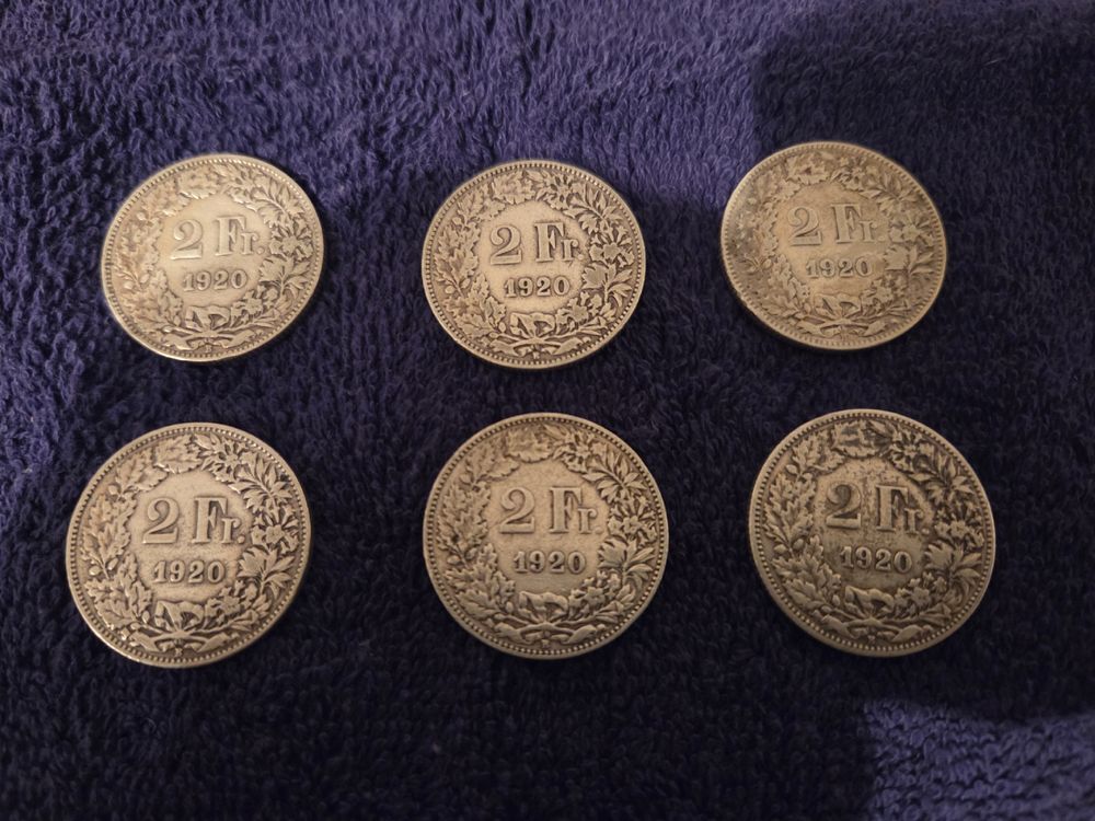 6 Stk. Fr. 2.-- Silbermünzen/ 1920 (Gebraucht) in Burg im Leimental für ...