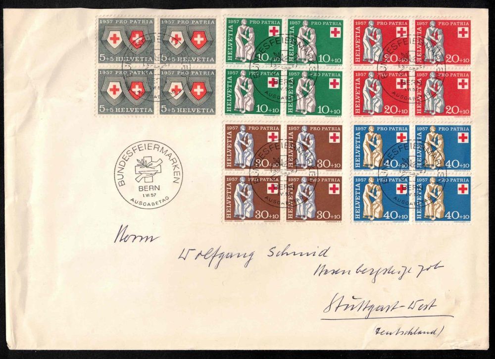 1957 Pro Patria Serie im 4er-Block auf FDC (Neu (gemäss Beschreibung)) in Nuglar für CHF 9 – mit ...