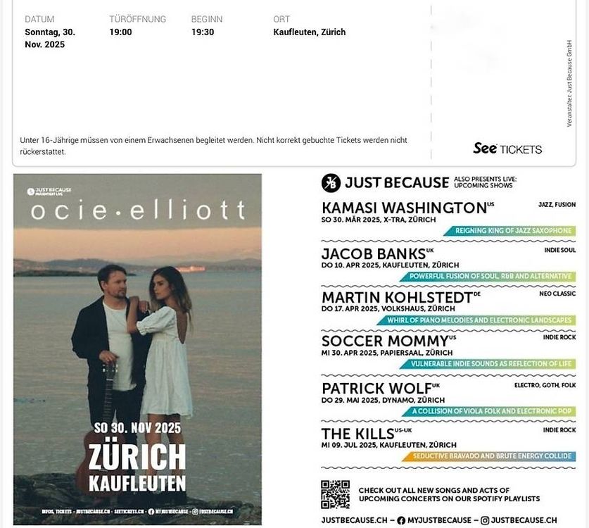 2x Stehplatzticket ocie elliott 30.11. im Kaufleuten Zürich (Neu ...