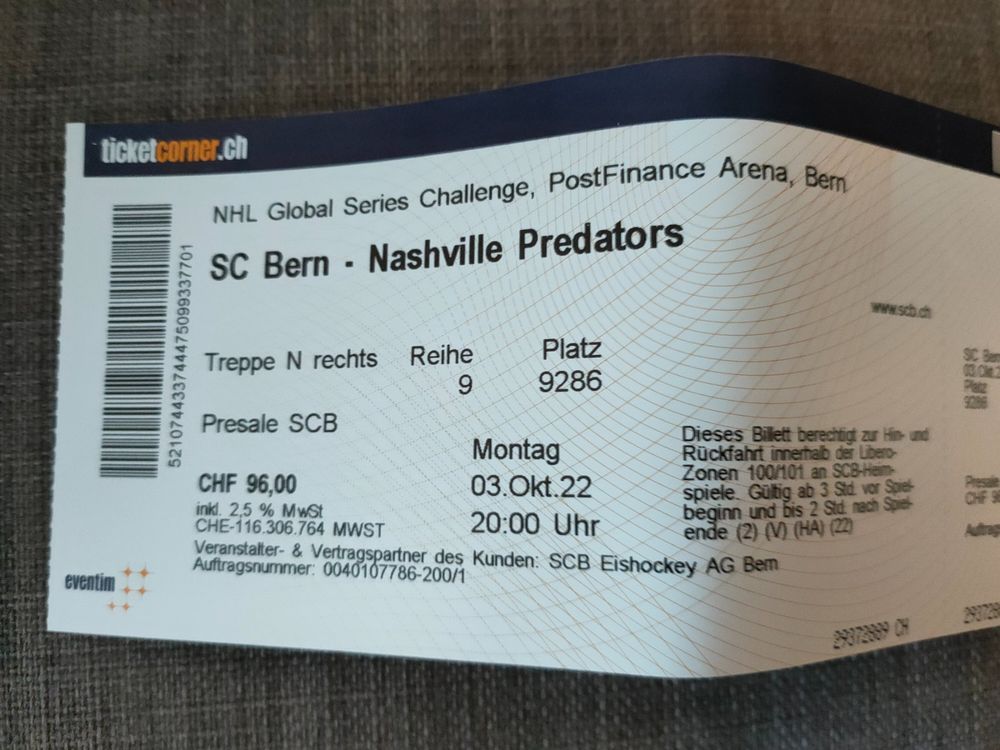 Tickets SC BERN -NASHVILLE PREDATORS (Neu (gemäss Beschreibung)) in ...