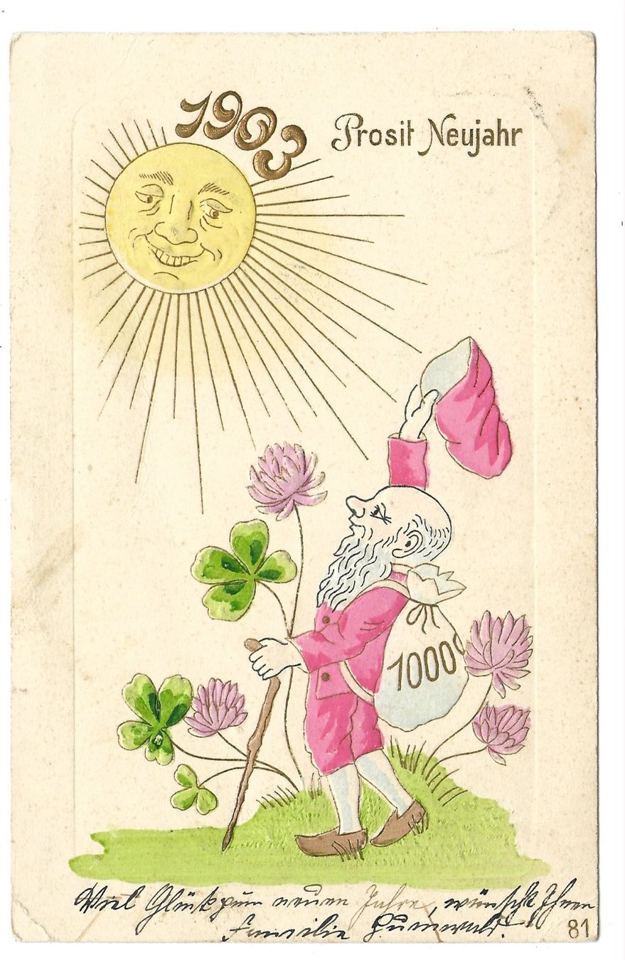 Prosit Neujahr - Zwerg - Sonne - Hand col. Präge-Druck 1903 (Gebraucht ...