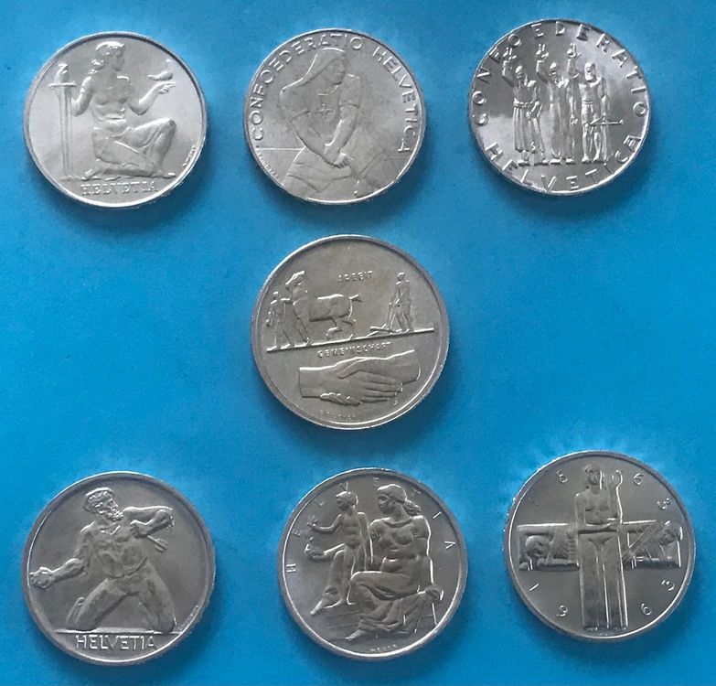 alle 7 Schweizer Silber-5 Franken-Gedenkmünzen 1936 - 1963 (Gebraucht) in Zürich für CHF 188 ...