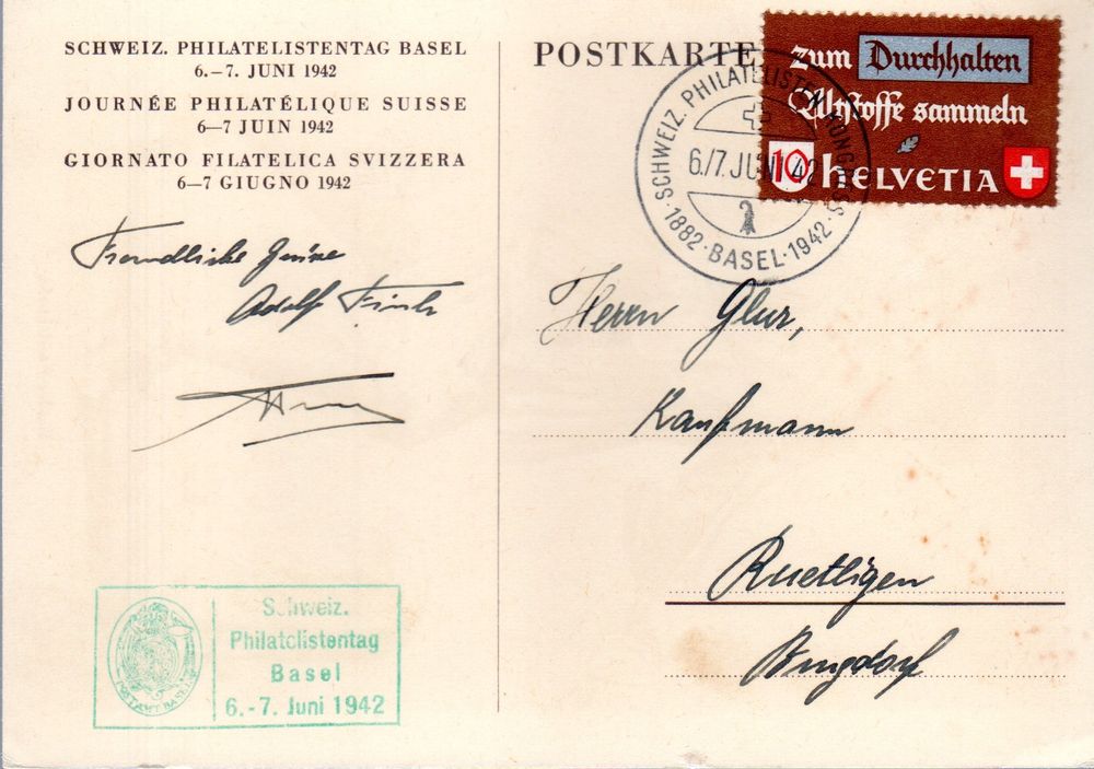 1942 SCHWEIZ. PHILASTELISTENTAG BASEL STADTLÄUFER - EA16 (Gebraucht) in Losone für CHF 1 – mit ...