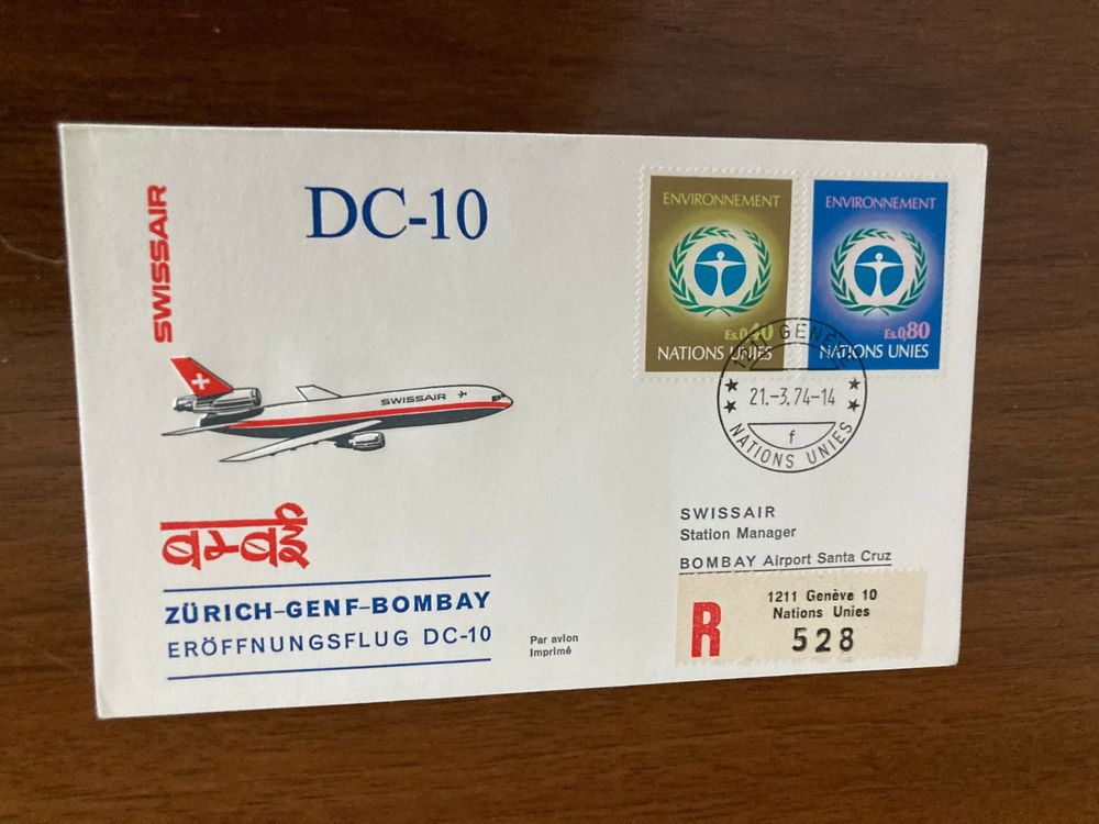 SR 1° FLUG UNO-GENF /BOMBAY 21.3.74 (Gebraucht) in Monteggio für CHF 1 – mit Lieferung auf ...