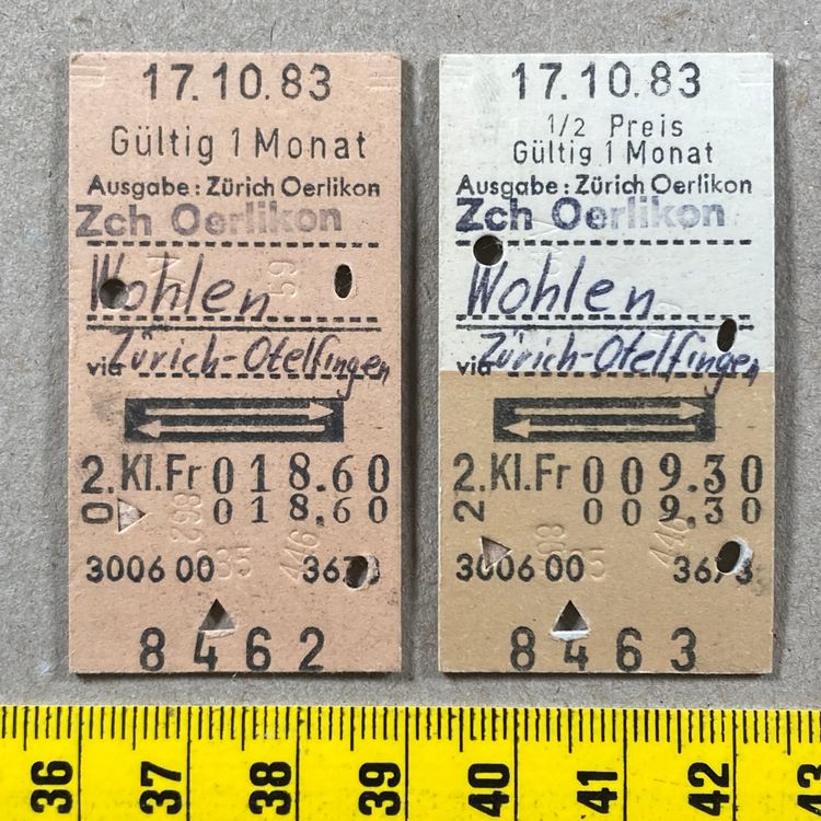 Zürich Oerlikon - Wohlen, via Otelfingen, 2 Bahnbillette (Gebraucht) in ...