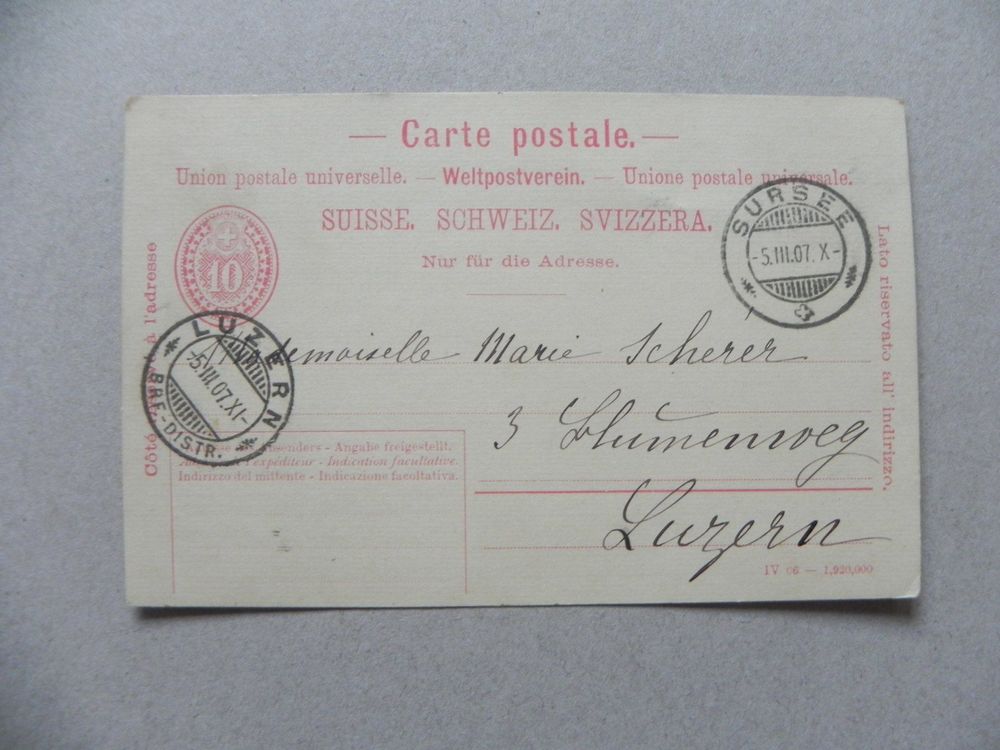 Postkarte Carte postale Ganzsache Sursee LU 1907 Post | Kaufen auf Ricardo