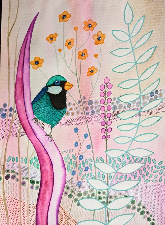 Original Aquarell kleiner Vogel in Fantasiewelt Bild (Neu und originalverpackt) in Wittenbach ...