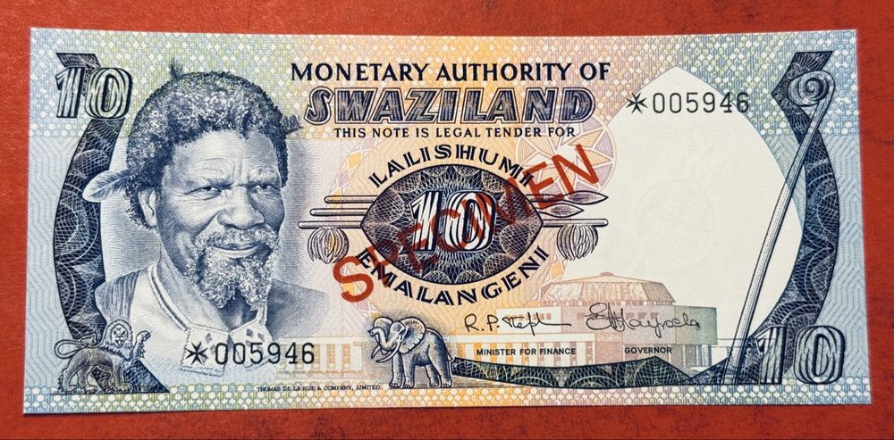 Specimen 10 Emalangeni 1974 Swasiland Banknote in UNZ (Gebraucht) in ...