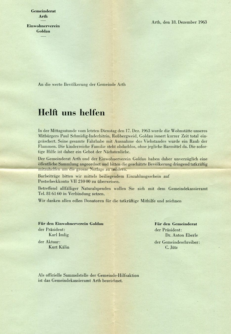 Brief Arth 1963 - Hilfsaktion der Gemeinde Arth mit Inhalt (Gebraucht ...