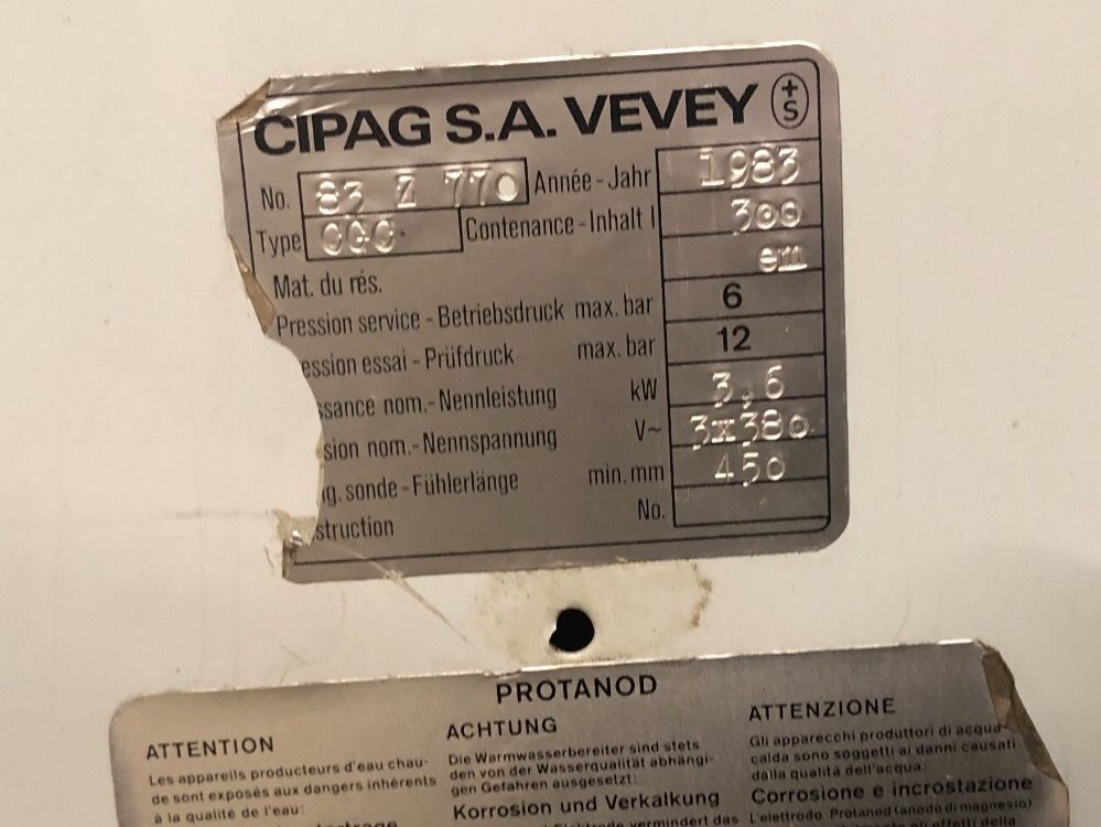 Boiler Wassererwärmer 300 Cipag CGC (Gebraucht) in Niederrohrdorf für CHF 250 – nur Abholung auf ...