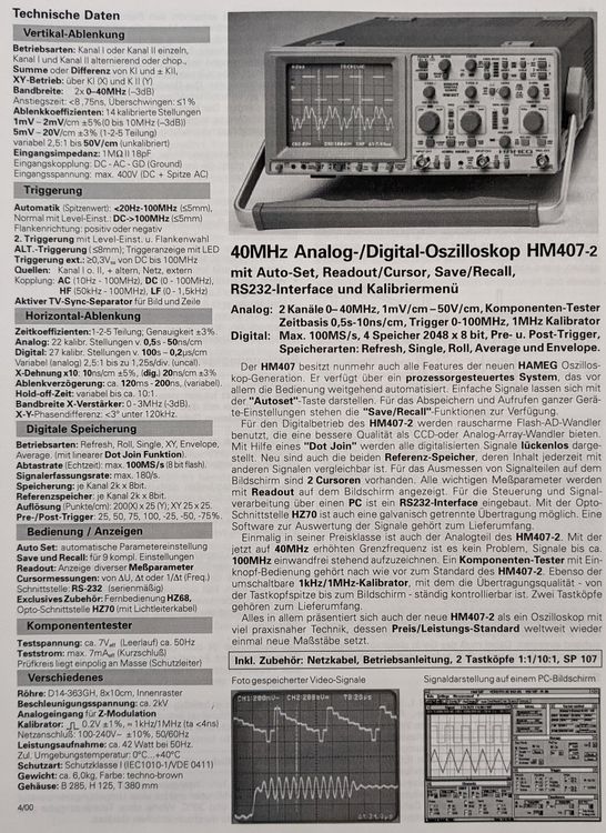 HAMEG HM 407-2 Oszilloskop mit zwei Messproben (1x, 10x). (Gebraucht) in Baar für CHF 150 – nur ...