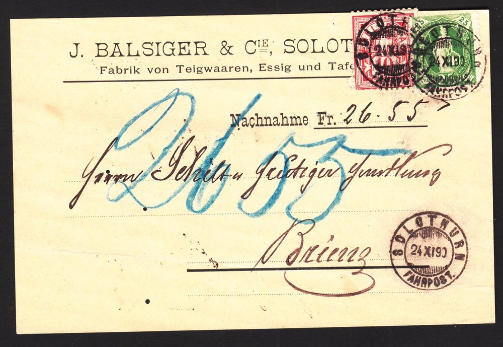 Alte Nachnahme-Postkarte J. Balsiger Solothurn 1890 (Gebraucht) in ...