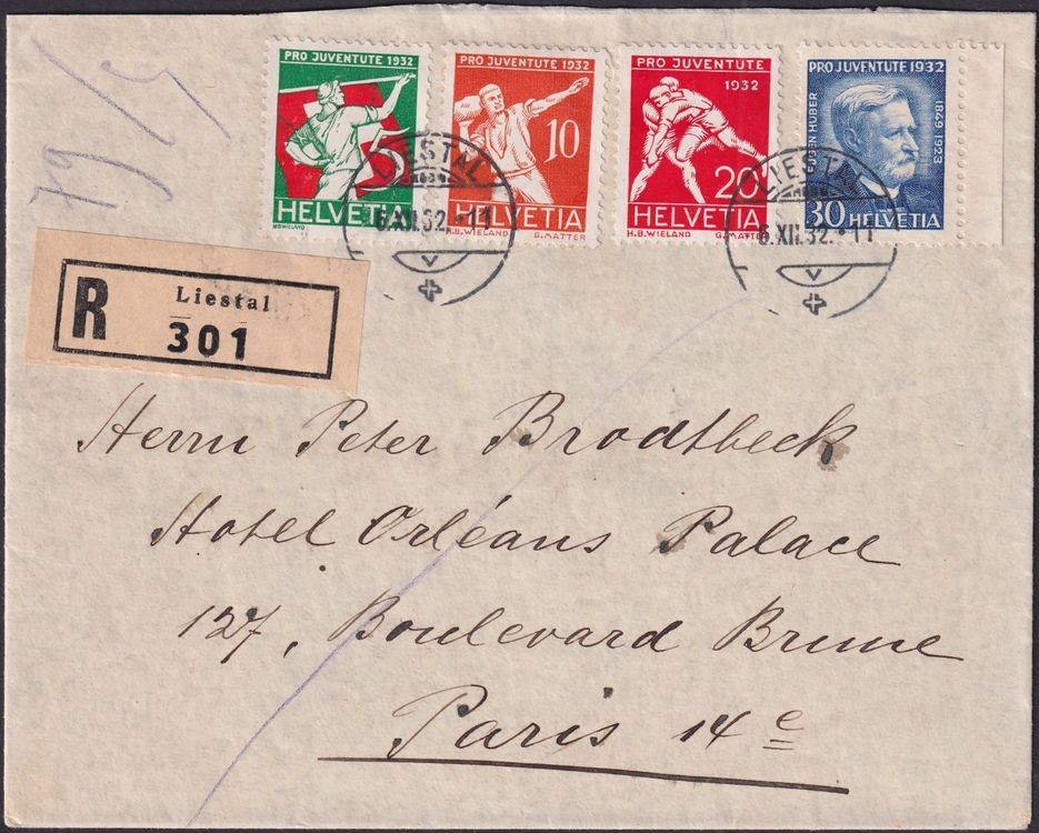 1932, J61-J64, Satzbrief von LIESTAL nach PARIS, 100.-+ (Gebraucht) in Sursee für CHF 20 – mit ...