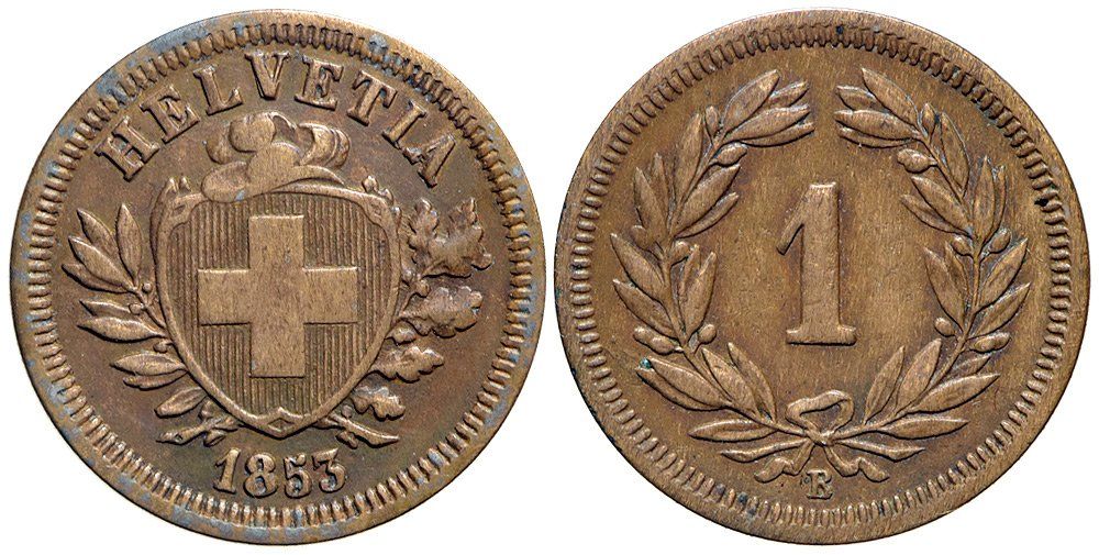 Suisse 1 Cent. 1853 b AE 002 (Gebraucht) in Chiasso für CHF 60 – mit ...