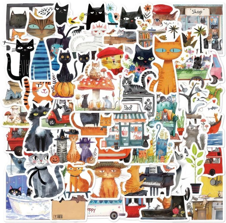 50 Stk. Sticker Aufkleber - Cartoon lustige Katzen Kitty (Neu und ...