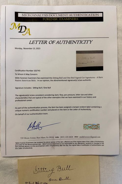 Autogramm Häuptling Sitting Bull und One Bull - Zertifiziert (Gebraucht ...