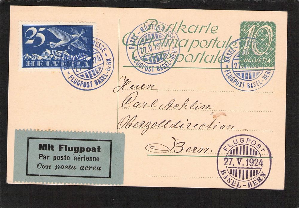 GS 10 Rp , Flugpost Stempel -blau Basel - Bern , 27.V.1924 (Gebraucht) in Reichenburg für CHF 12 ...