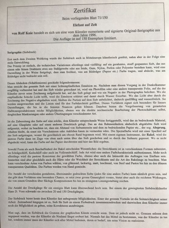 Rolf Knie, Original-Serigraphie ELEFANT AUF ZELT 71/151 1996 (Gebraucht) in Rotkreuz für CHF ...