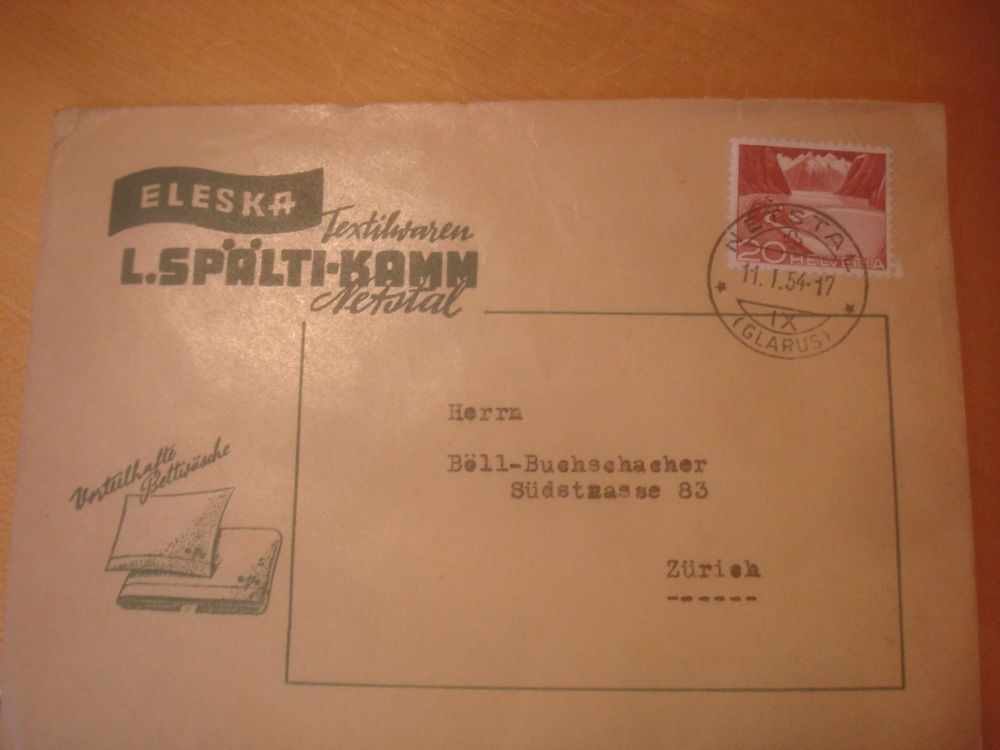 NETSTAL Eleska Textilware 1954 schöner Beleg (Gebraucht) in Gordola für ...