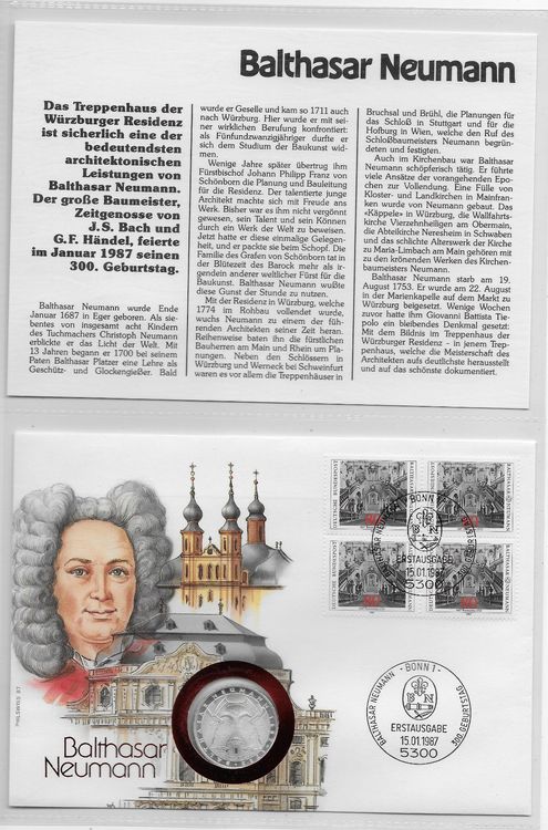 Münzbrief 1987, Balthasar Neumann, 5DM Silber (Neu (gemäss Beschreibung ...