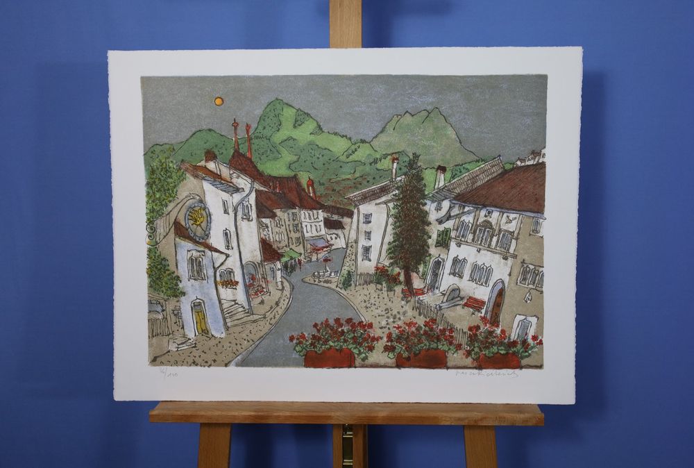 Marco Richterich 1929-1997, Lithographie "Städtchen Gruyère" (Gebraucht) in Zug für CHF 39 – mit ...