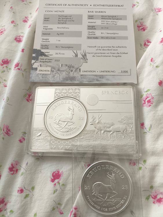 1 Silber OZ Krügerrand 2022 in 3 OZ Barren + 1 Münze 2023 (Neu (gemäss Beschreibung)) in St ...