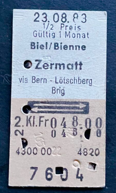 Biel/Bienne • Zermatt via Bern - Lötschberg / Billett 1983 | Kaufen auf Ricardo