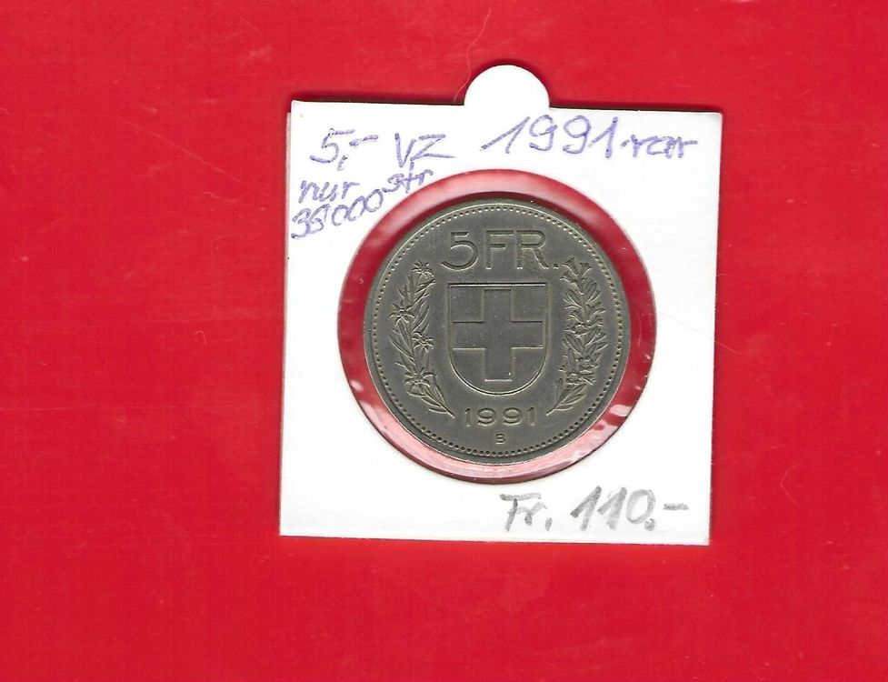 rarer 5.- Fr. 1991aus Münzsatz/u.E.vz+/vertiefte Randschrift (Neu (gemäss Beschreibung)) in ...