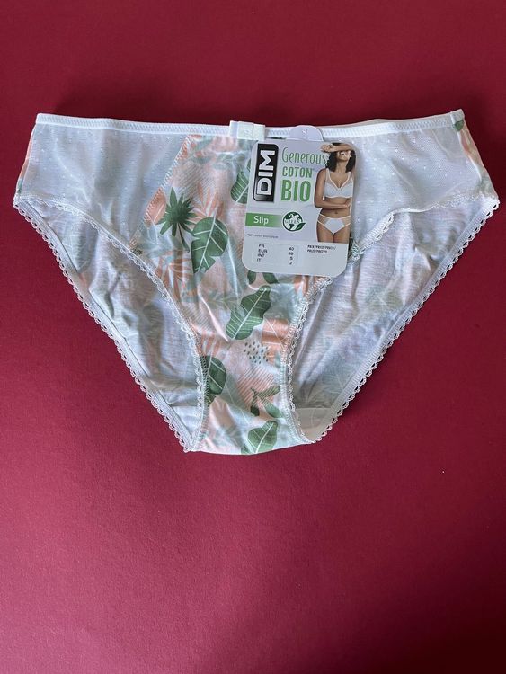 DIM, Slip GENEROUS Coton Bio, Grösse 38, Farbe Weiss/Blätter (Neu und ...