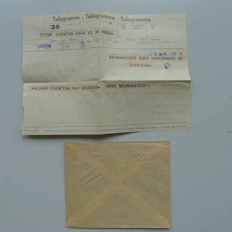 1948: Zwei Telegramme von Zürich, mit Inhalt, gut erhalten. (Gebraucht ...