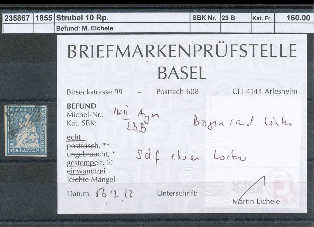 1855 Strubel - 10 Rp., SBK Nr. 23B, befund: M. Eichele | Kaufen auf Ricardo