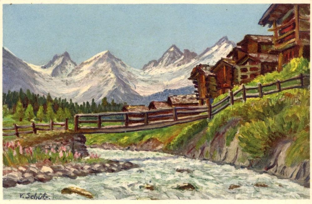 Blatten VS - Lötschental m. Lonza - Künstler-AK V. Schütz (Gebraucht) in Niedergesteln für CHF 7 ...