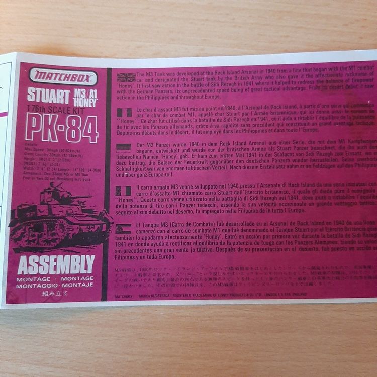 D 201 . Stuart Mk I / M3A1 Light Tank . Matchbox PK-84 Decal (Gebraucht ...