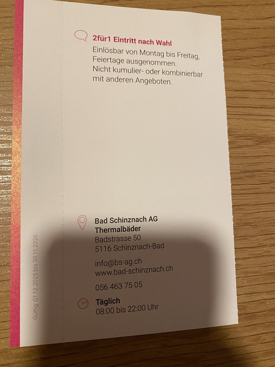 2:1 Gutschein Thermalbad Bad Schinznach gültig bis 30.11.26 (Neu ...
