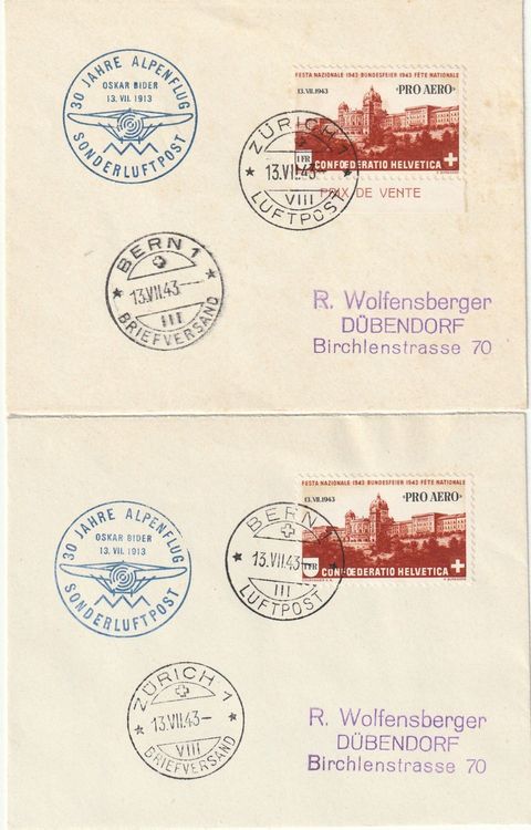 Pro Aero 1943, beide Etappen auf identischen Briefen (Gebraucht) in Turgi für CHF 9 – mit ...