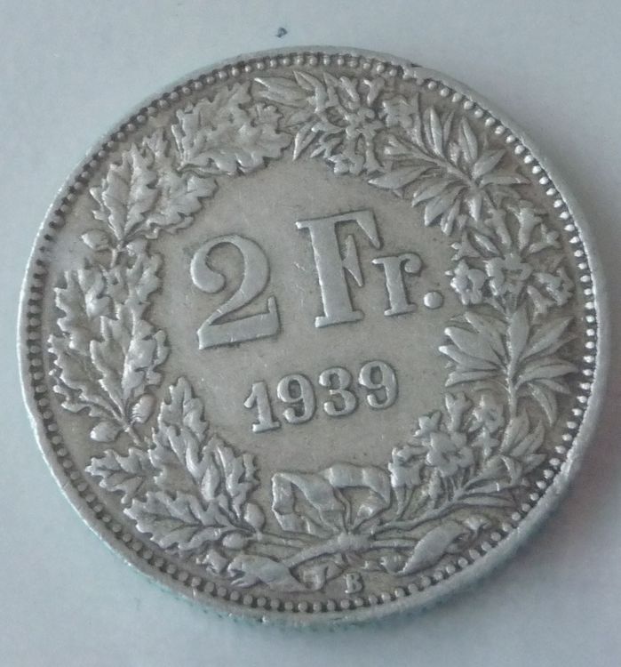 2.- Zweifränkler EINE Münze 1939 Silbermünze gelaufen (Gebraucht) in Winterthur für CHF 6.6 ...