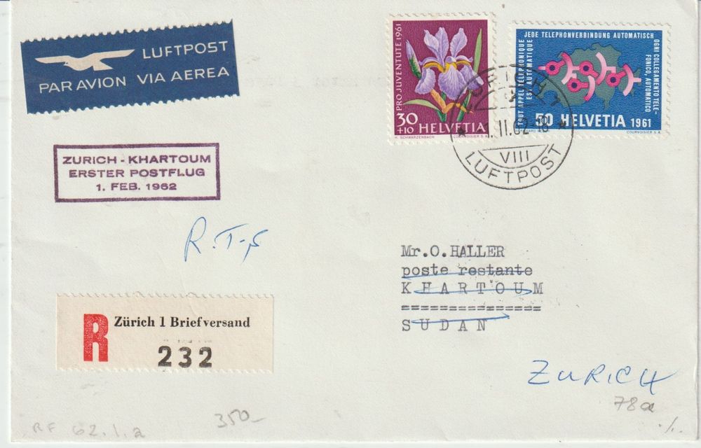 SELTEN, RF 62.1a, ZURICH - KHARTOUM, Fr 350.-- (Gebraucht) in Bure für CHF 75 – mit Lieferung ...