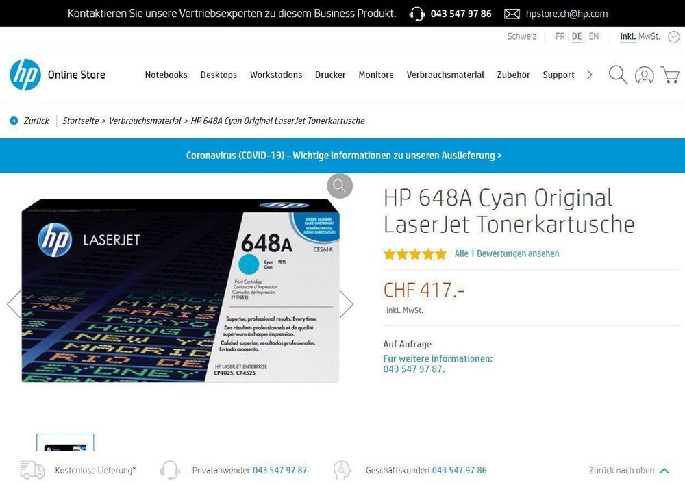 HP Color LaserJet CP4025 / CP4525 cyan Toner, 648A / CE261A (Neu und ...