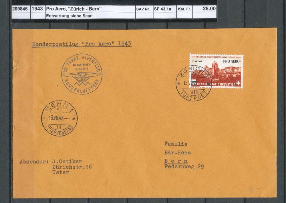 1943 Pro Aero Postflug, "Zürich - Bern" (Gebraucht) in Winterthur für CHF 3.8 – mit Lieferung ...
