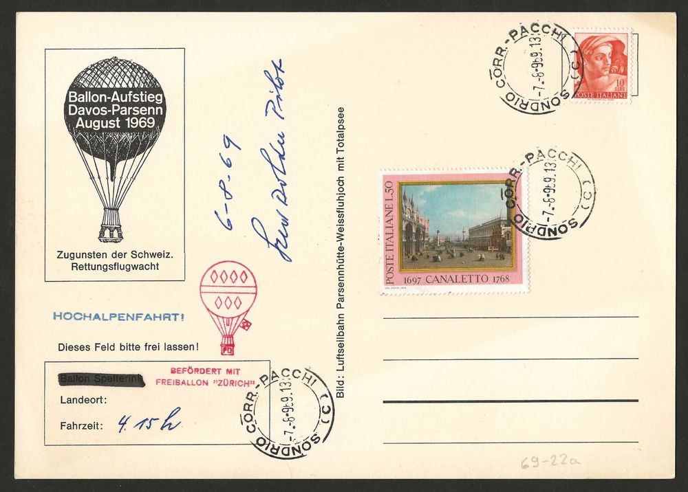 Ballon Zürich Schweiz 1969 Parsenn Sondrio Italien Luftpost | Kaufen auf Ricardo