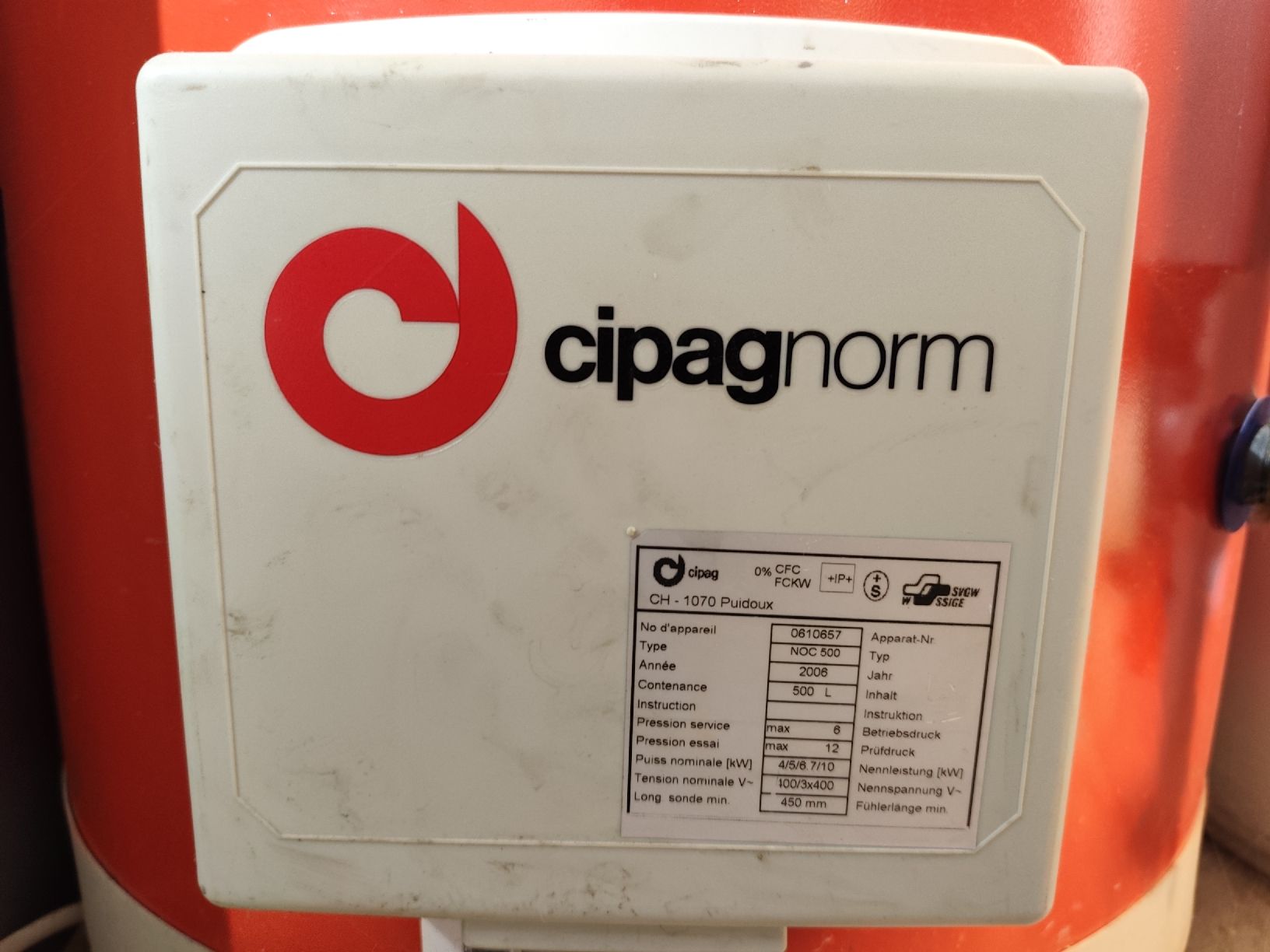 Boiler Chauffe-eau électrique 500L Cipag Norm année 2006 (Gebraucht) in Vex für CHF 200 – nur ...