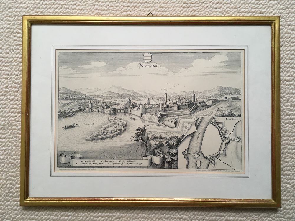 Kunstdruck Stadt Rheinfelden, Stich Merian 1644, Goldrahmen (Gebraucht ...