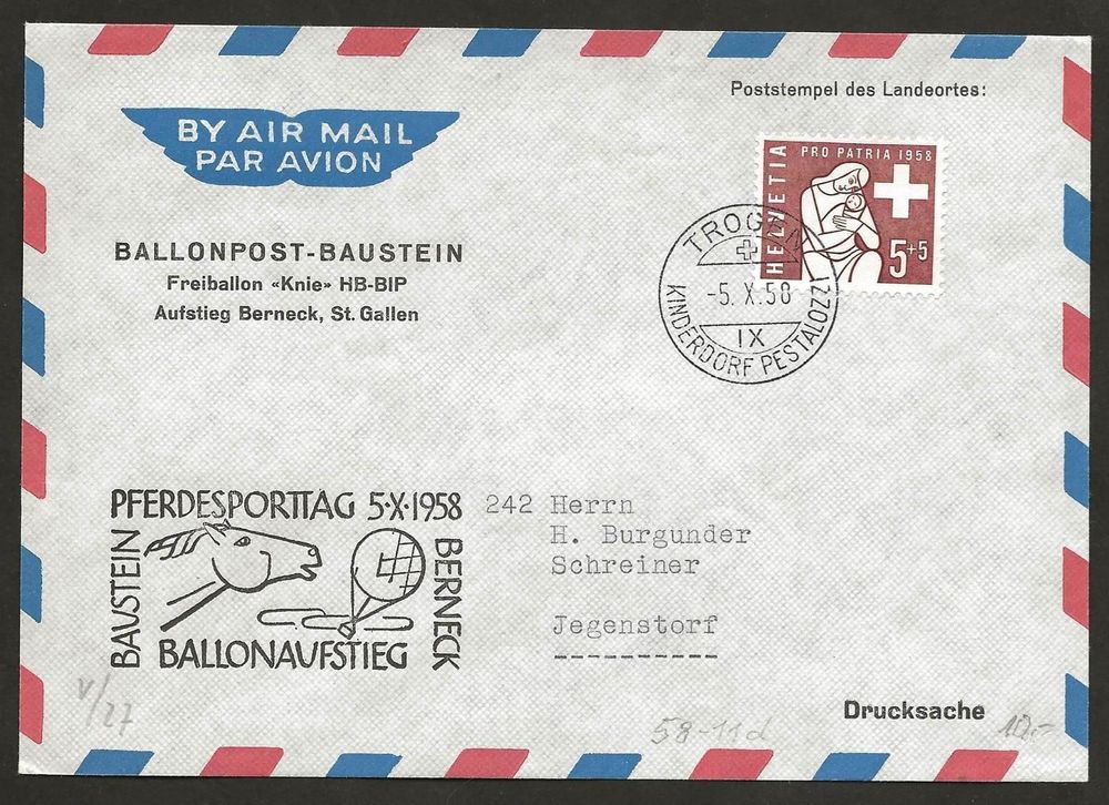 Ballon Schweiz 1958 Knie TROGEN Pferd Luftpost (Gebraucht) in Au ZH für CHF 1 – mit Lieferung ...