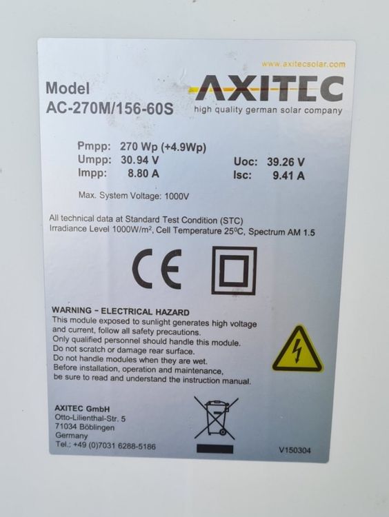 6 Stk. 270W Axitec AXIpremium AC-270M mono Solar Module (Gebraucht) in Mollis für CHF 180 – nur ...