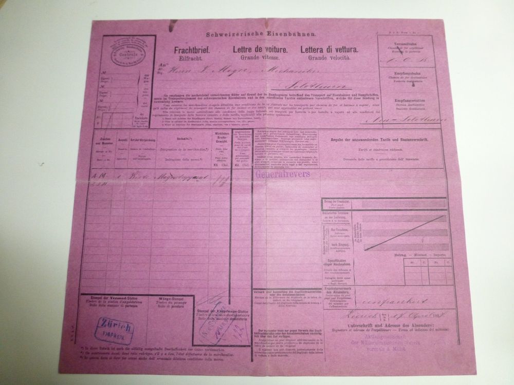 Frachtbrief, an der Mülleremaschinenfabrik in Solothurn 1897 (Gebraucht ...