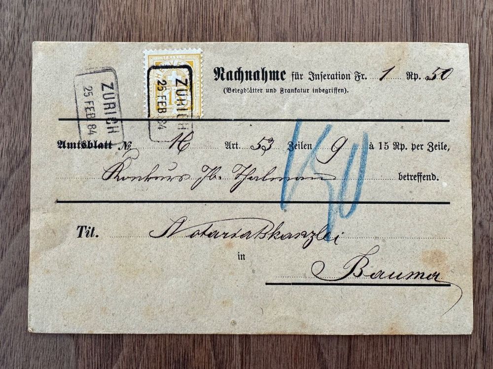Ziffermuster 15 Rp. gelb, Nachnahme-Karte von Zürich nach (Gebraucht ...