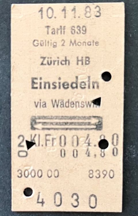 Zürich HB Einsiedeln • via Wädenswil/ Billett 1983 | Kaufen auf Ricardo