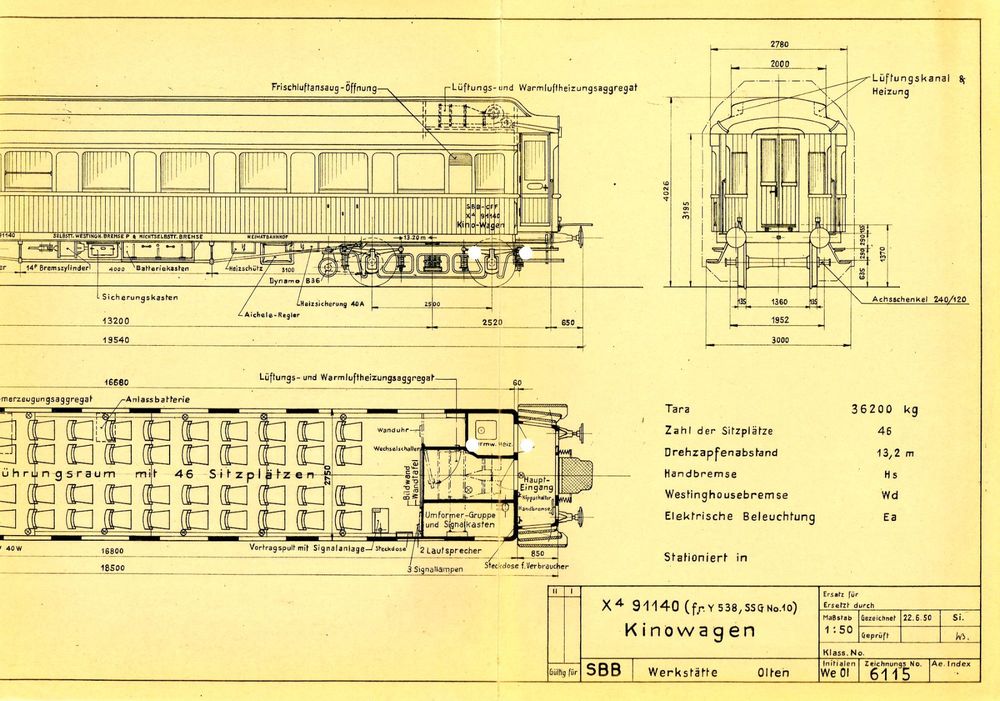 Planzeichnung Kinowagen X4 91140 SBB CFF FFS (1957) (Gebraucht) in ...