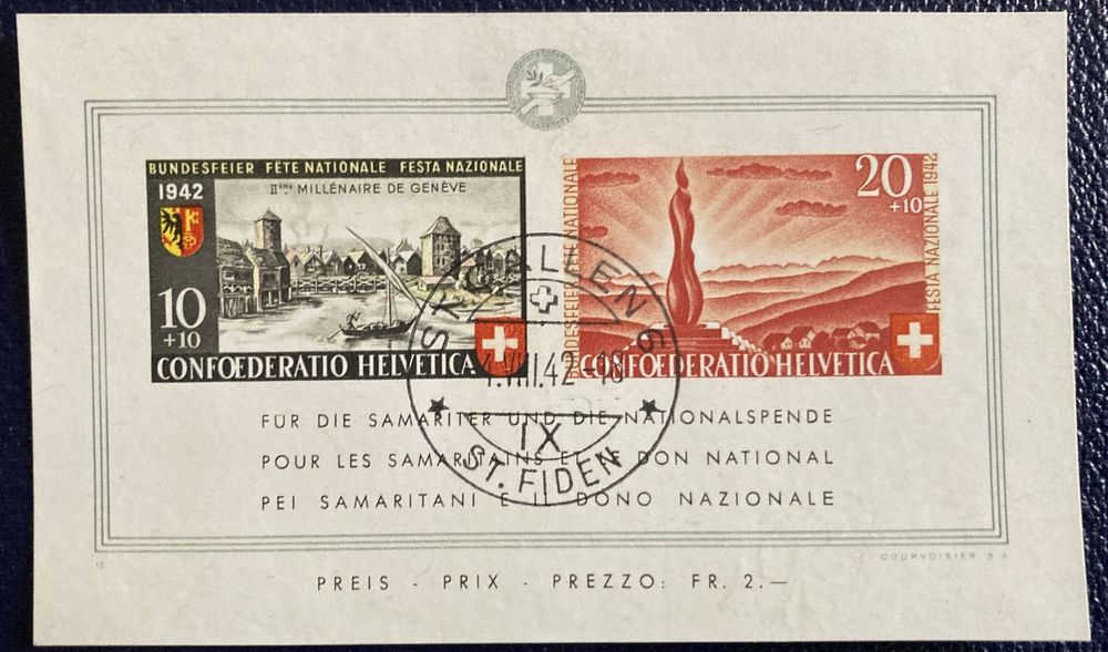 Pro Patria Block 7 1942 gestempelt, SBK 250 Fr. (Gebraucht) in Flawil für CHF 37.5 – mit ...