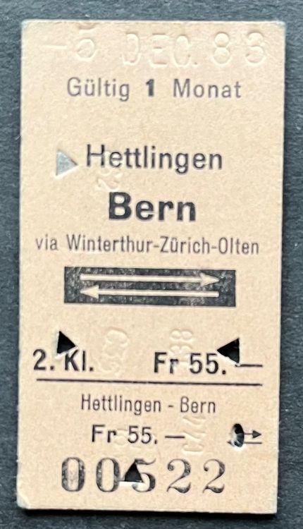 Hettlingen Bern via Winterthur-Zürich-Olten/ Billett 1983 (Gebraucht) in Wabern für CHF 2 – mit ...